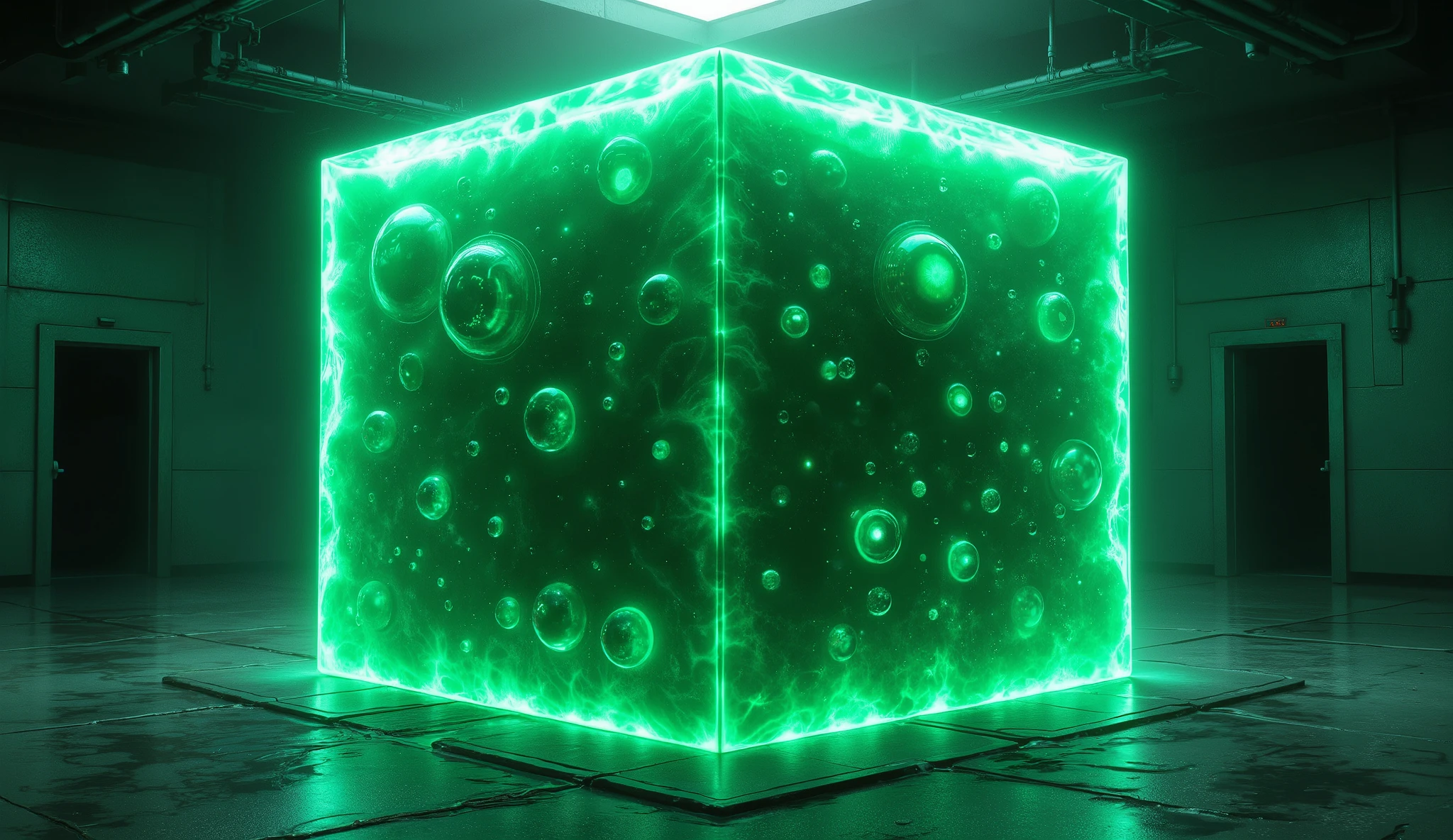 Arafed cube with glowing bubbles and bubbles in a dark room - SeaArt AI