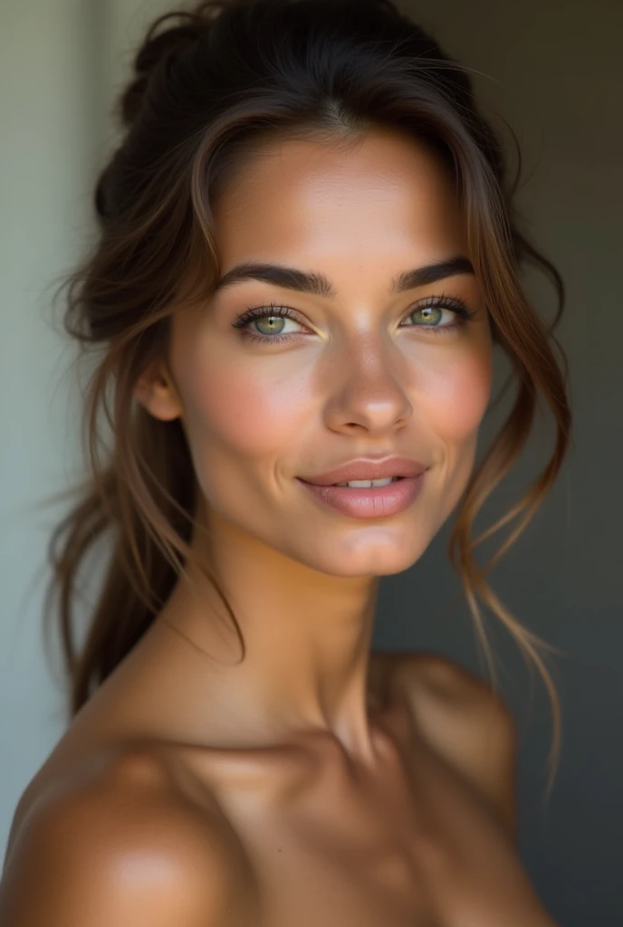 "Create a realistic image of a natural-looking woman. She should have ...