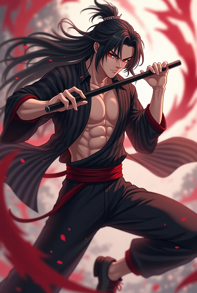 A male anime character brawling in ancient China, long black hair with ...