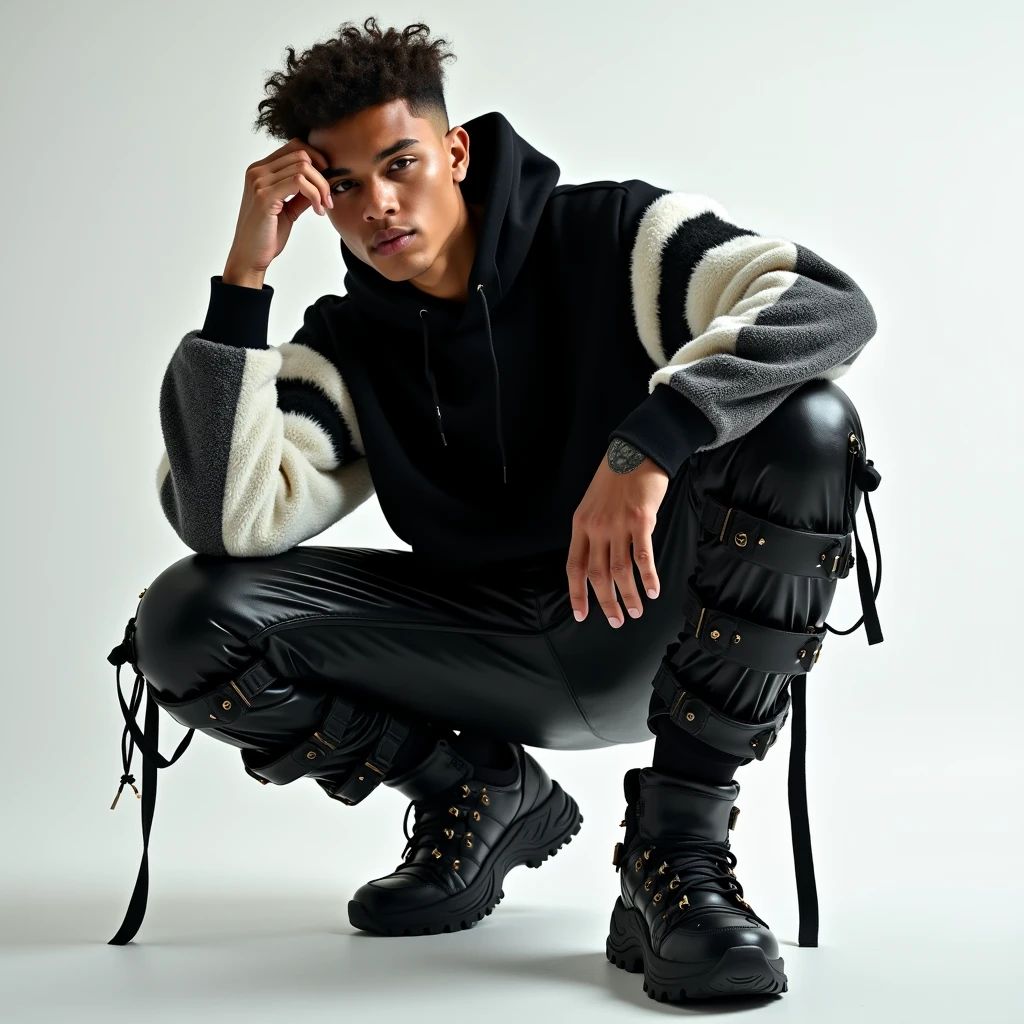 A stylish young male model sitting in a dynamic pose, leaning forward ...