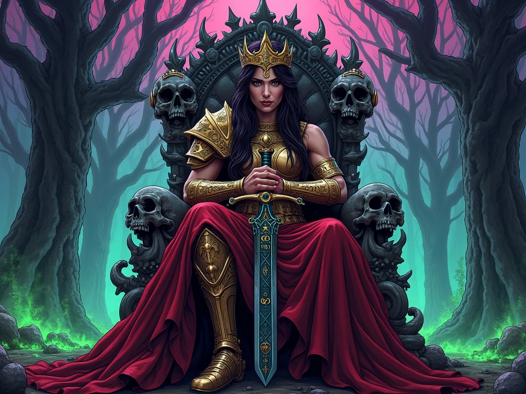 A powerful Warrior Queen sits regally on her throne made of bones, deep ...