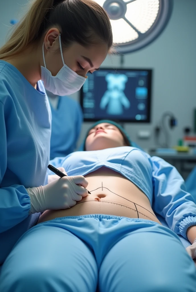 Detailed description of the process of the girl measuring her abdomen ...