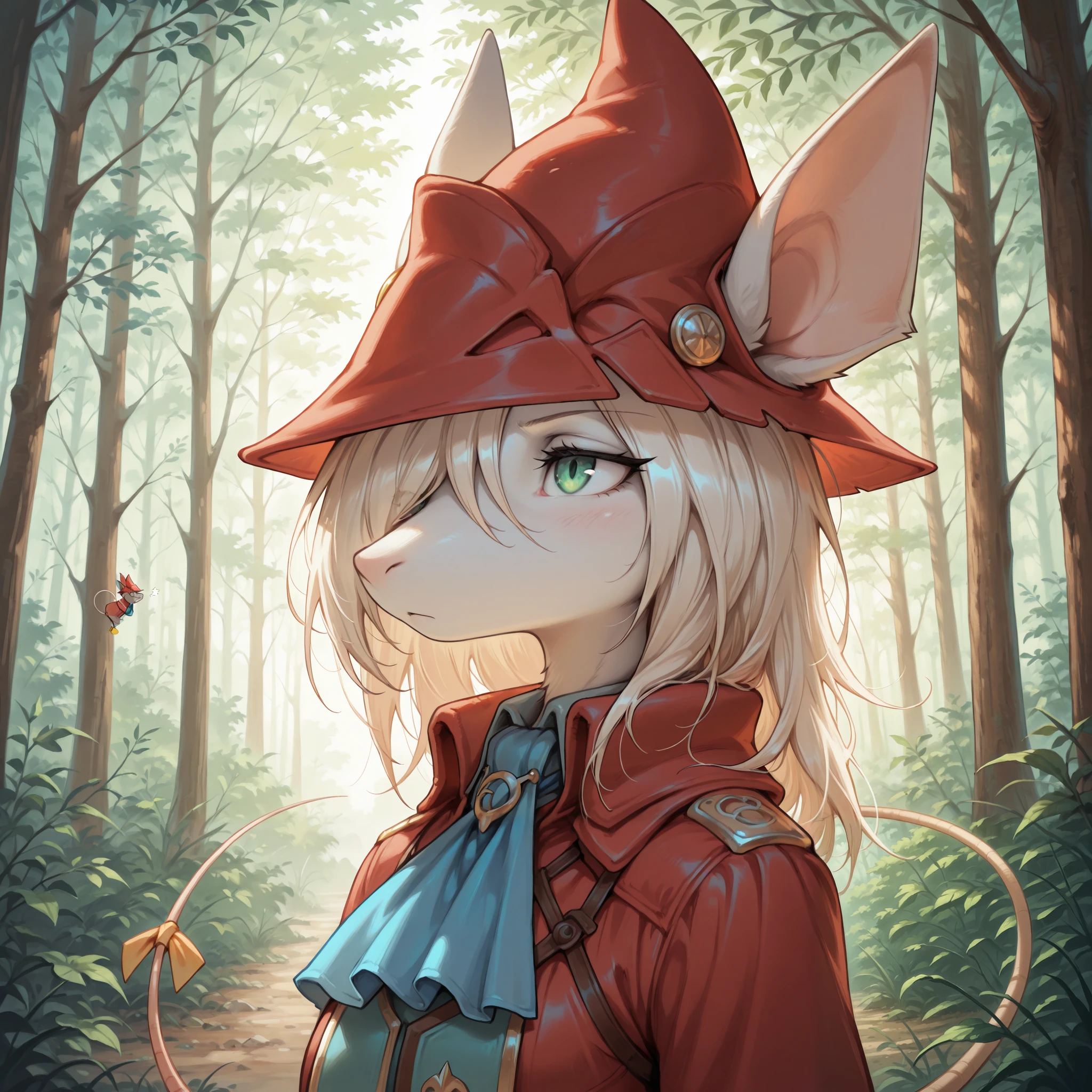 Anime girl in red hat and red coat in forest - SeaArt AI