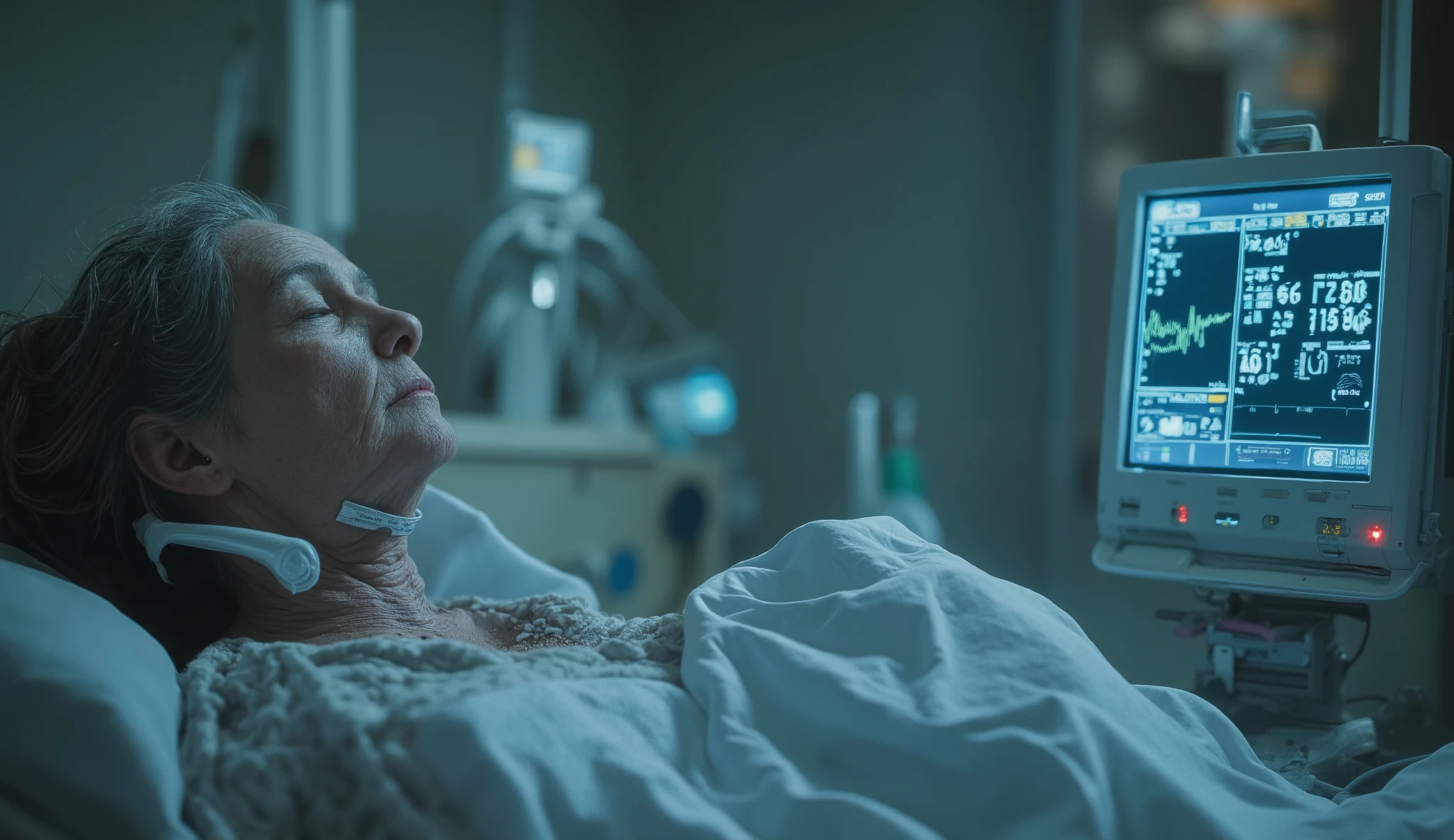 Woman in hospital bed with monitor and monitor screen in background ...