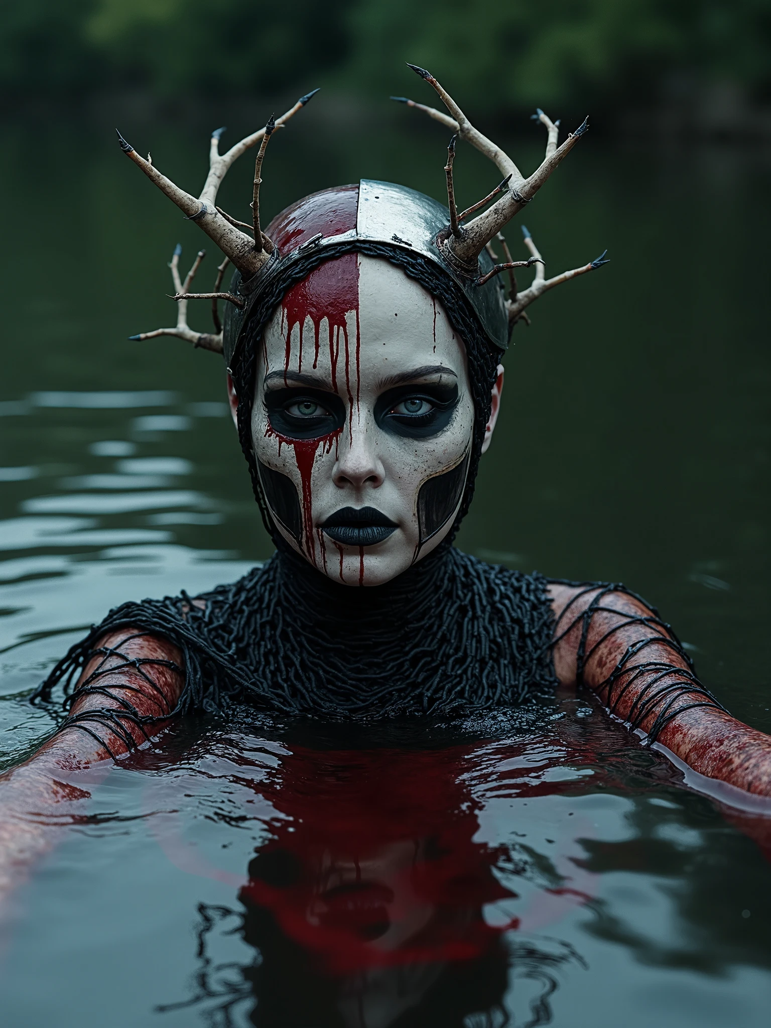 Arafed woman in a body of water with horns and blood - SeaArt AI