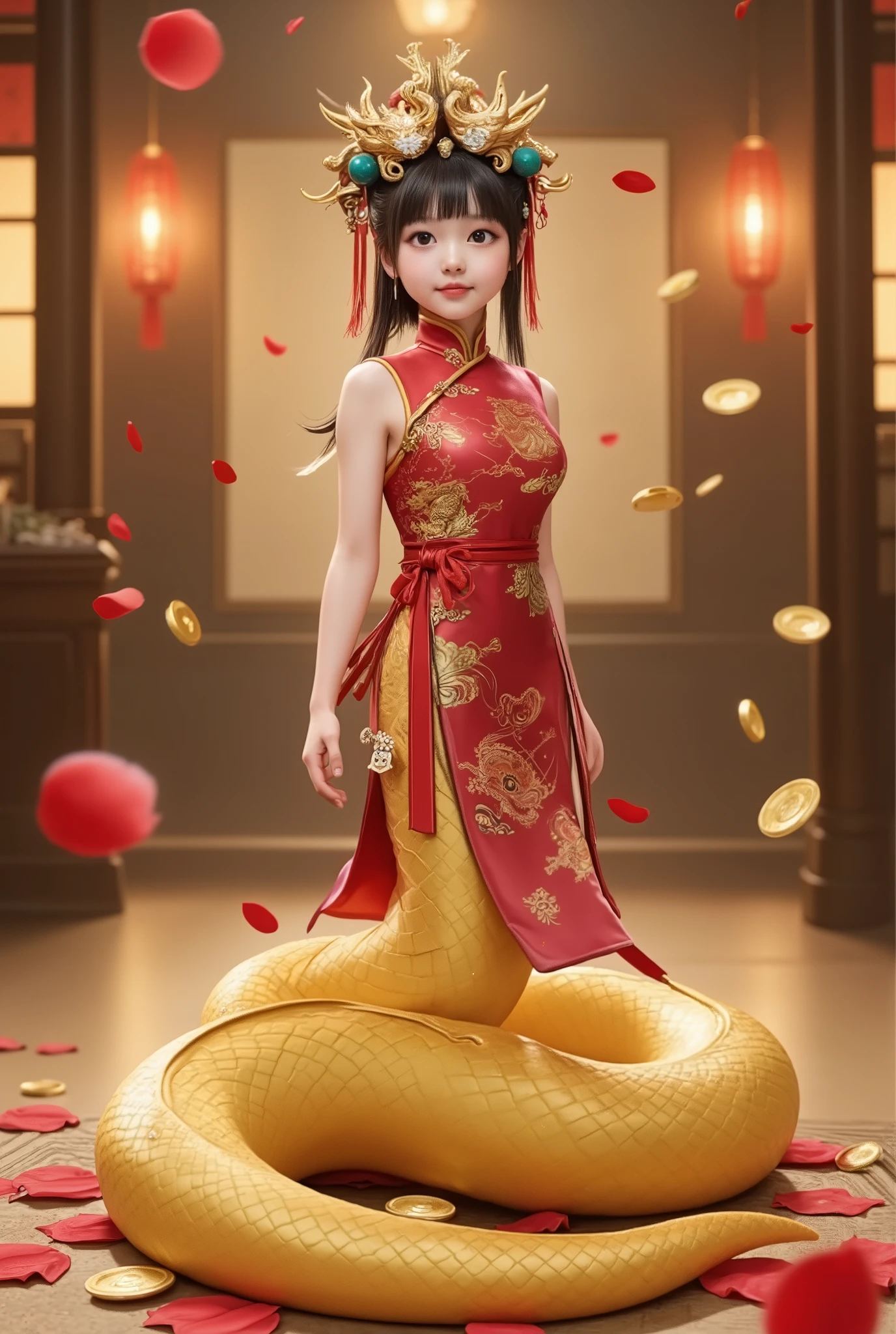 Arafed asian girl in a red and gold dress sitting on a snake - SeaArt AI