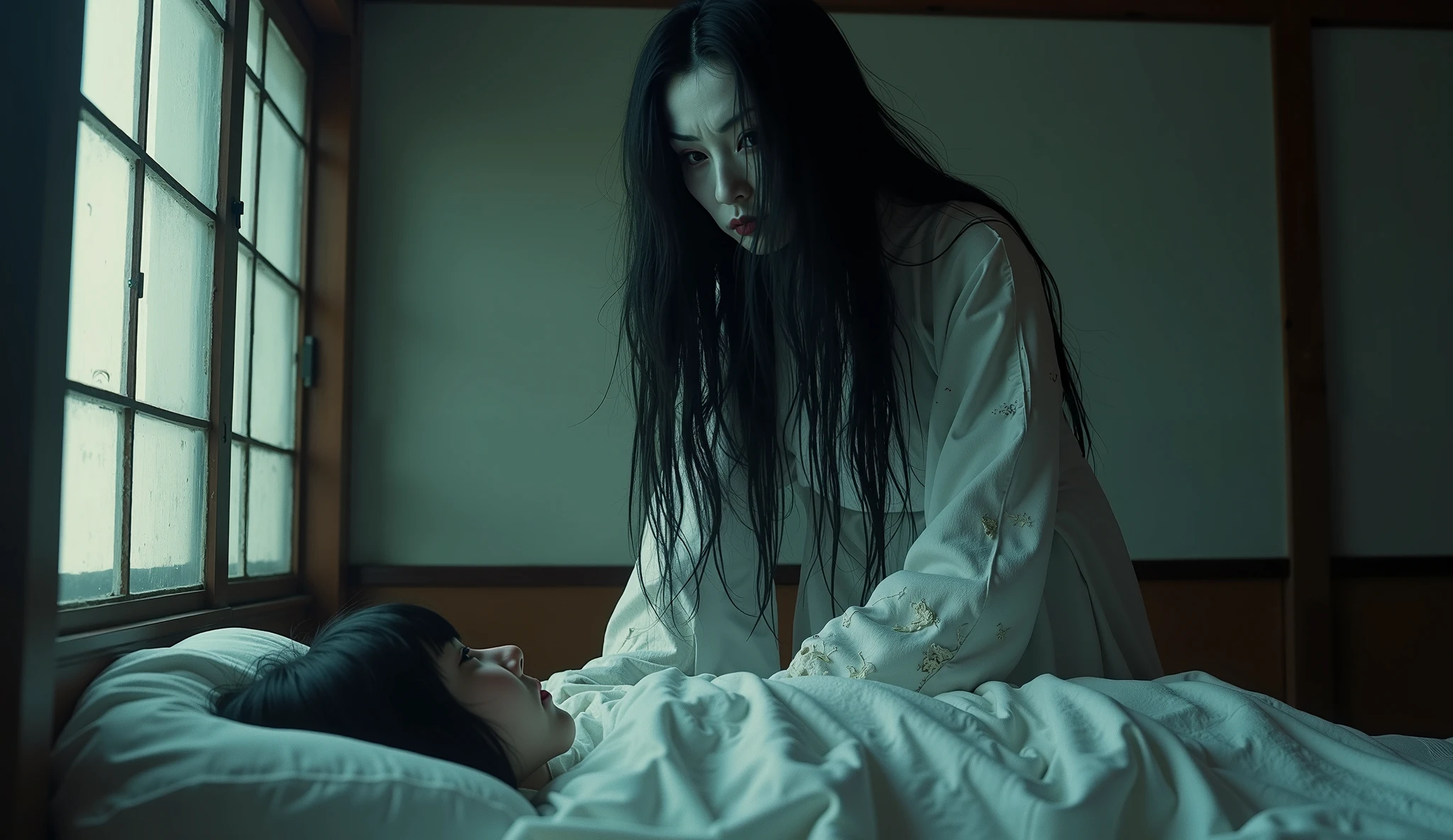 Arafed woman in white shirt laying in bed next to a woman in white ...