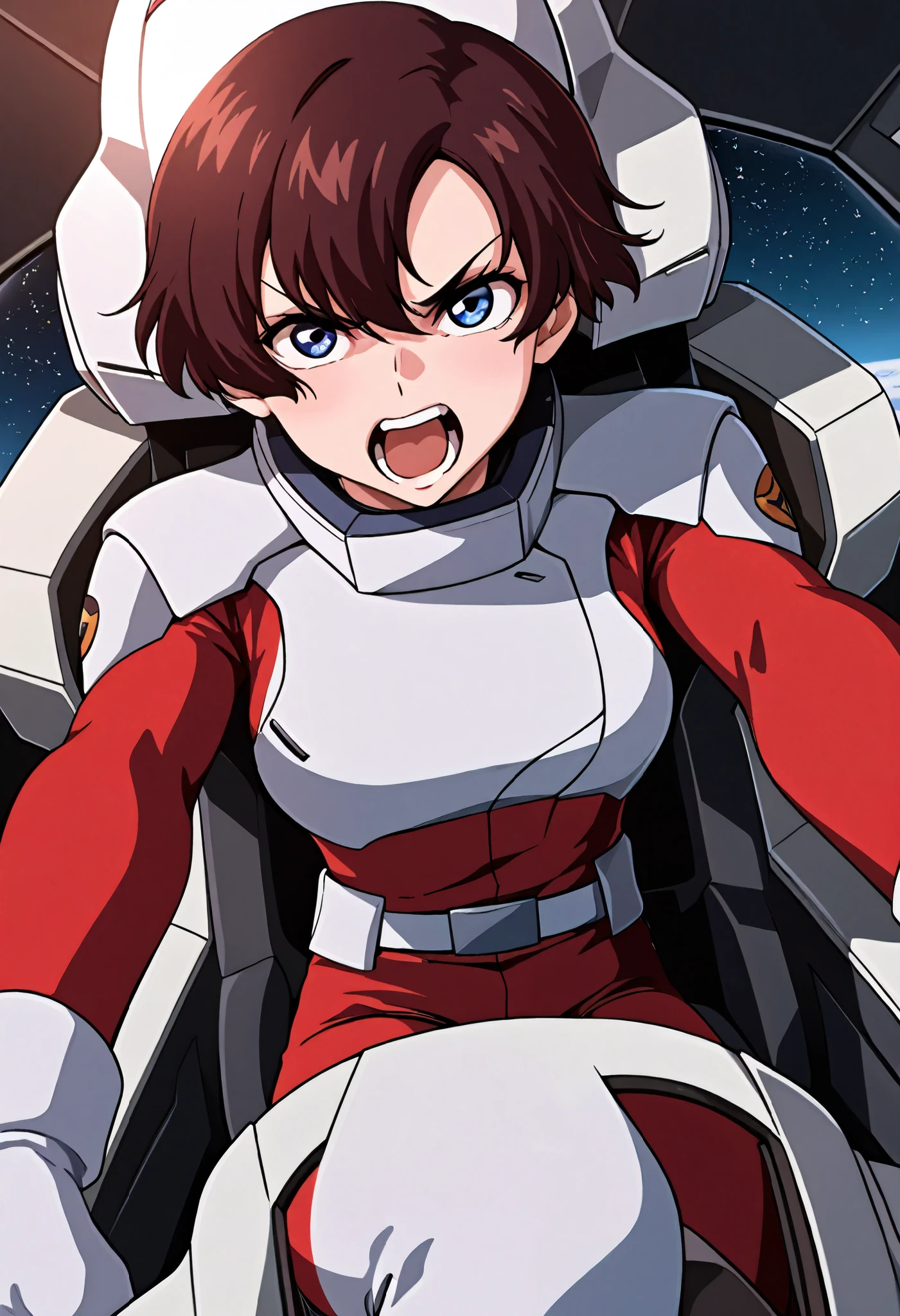 Anime character with a surprised look sitting in a space station ...