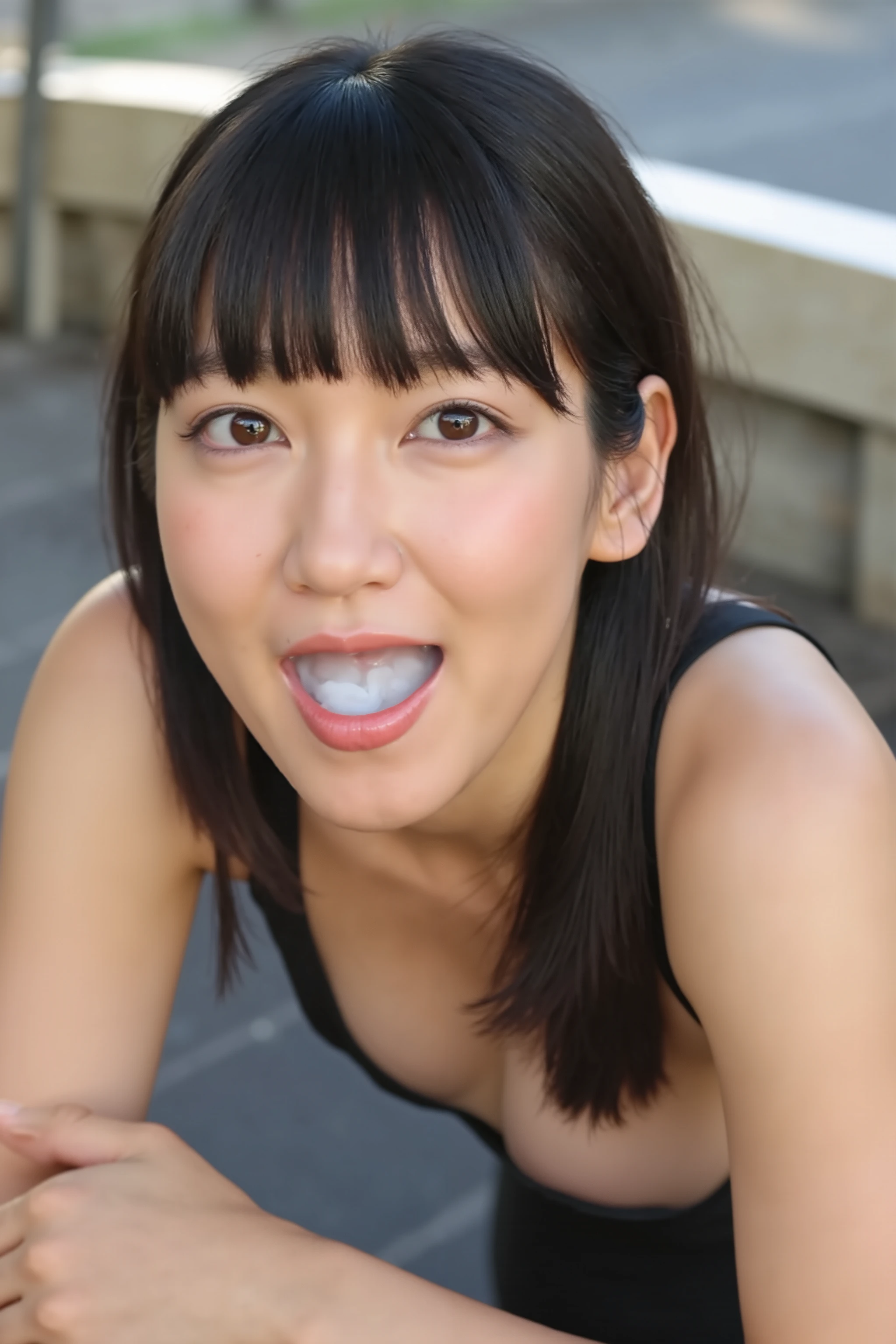 Woman With Black Hair And Bangs Posing For A Picture With A Blue