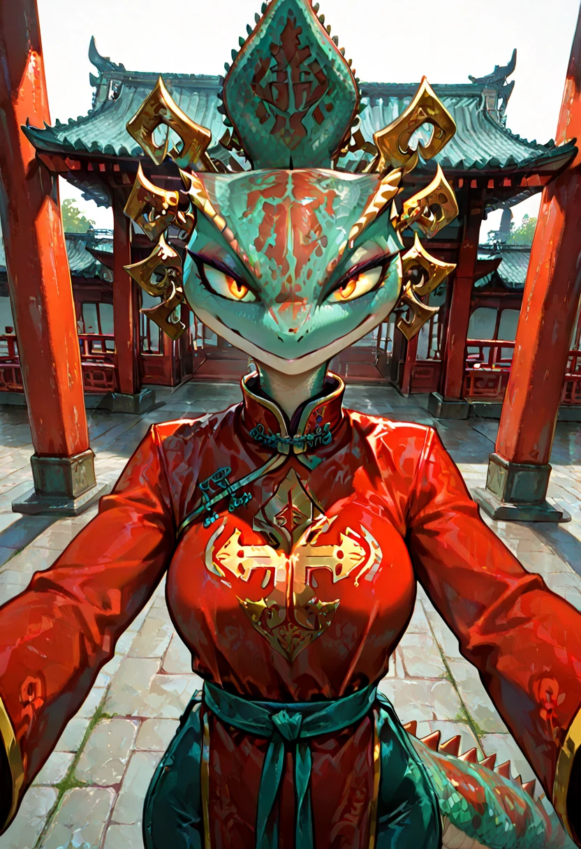 1girl:1.2 , solo, female, chameleon, green-red chinese priest outfit ...