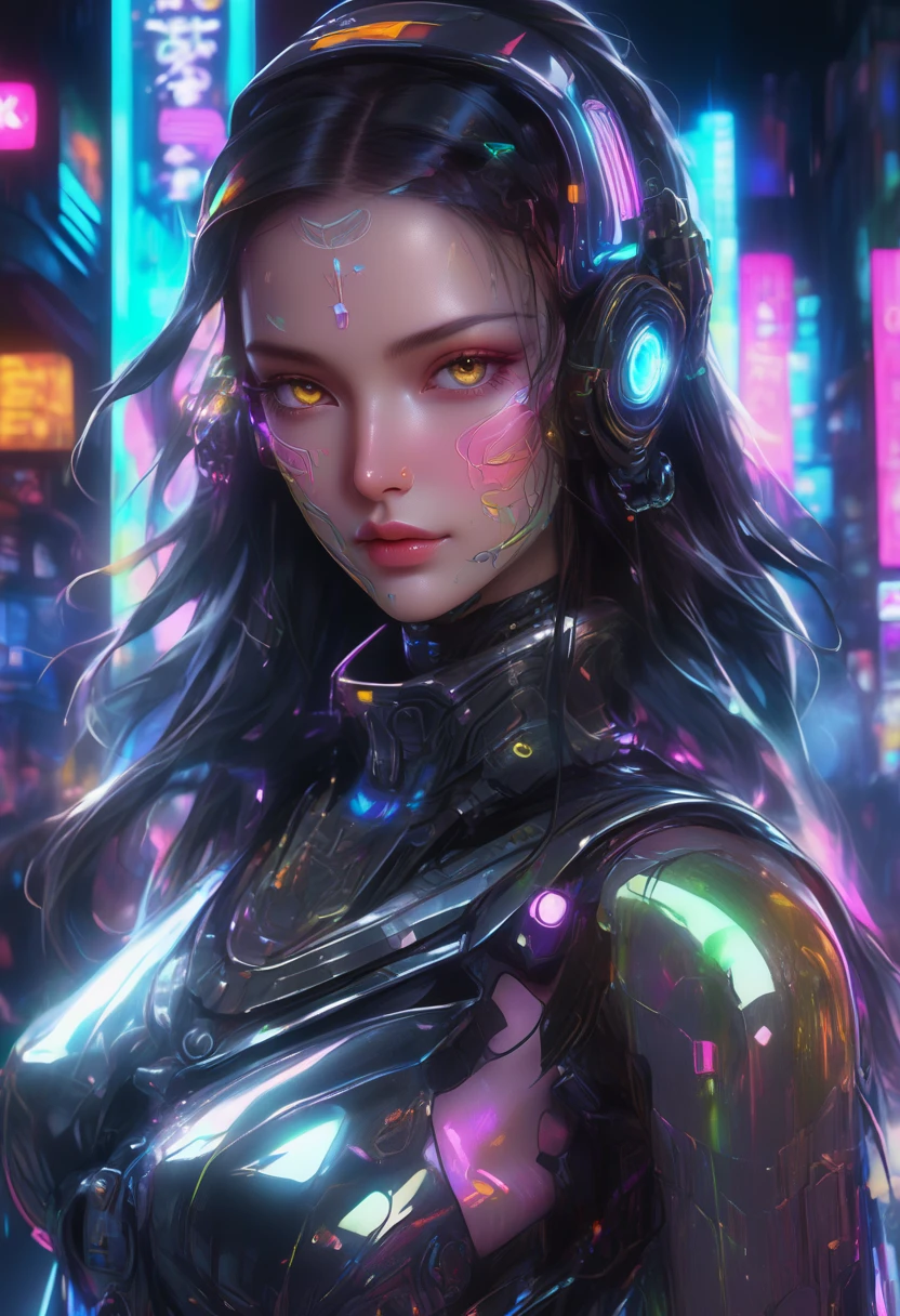A cyberpunk version of the Mona Lisa, her face illuminated by neon ...