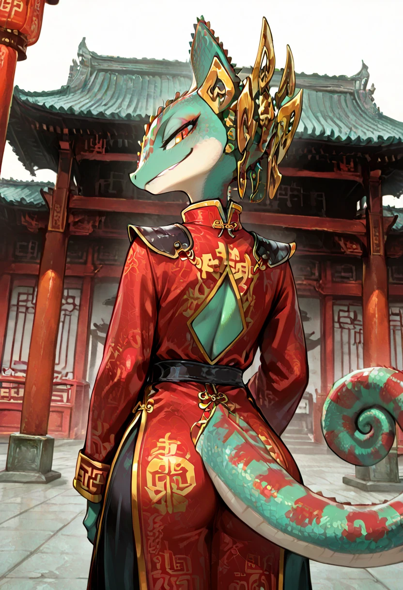 1girl:1.2 , solo, female, chameleon, green-red chinese priest outfit ...