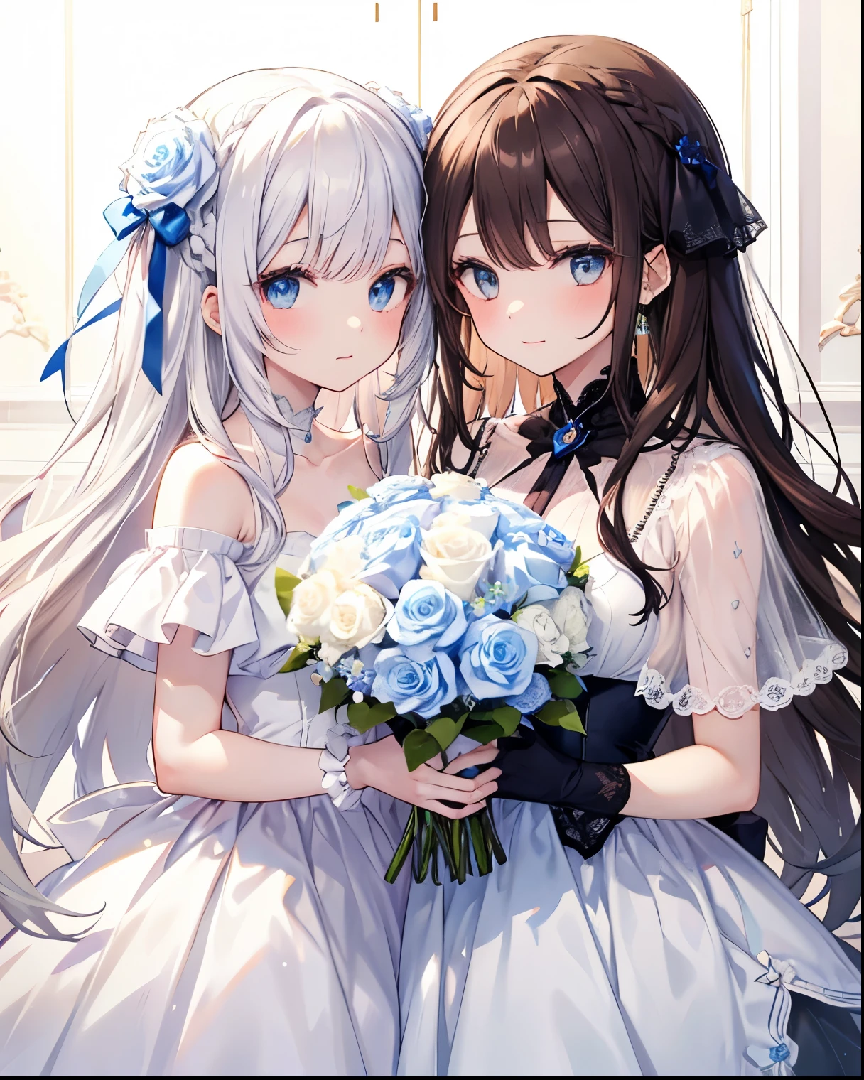 Anime - style picture of two brides in wedding dresses holding bouquets ...