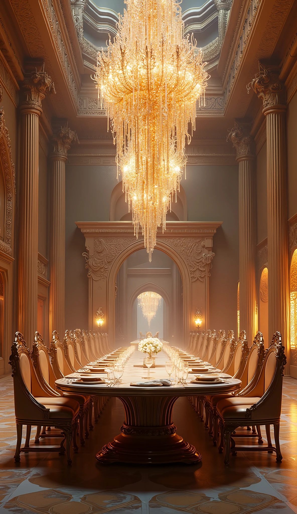 There is a large dining room with a chandelier and a table - SeaArt AI