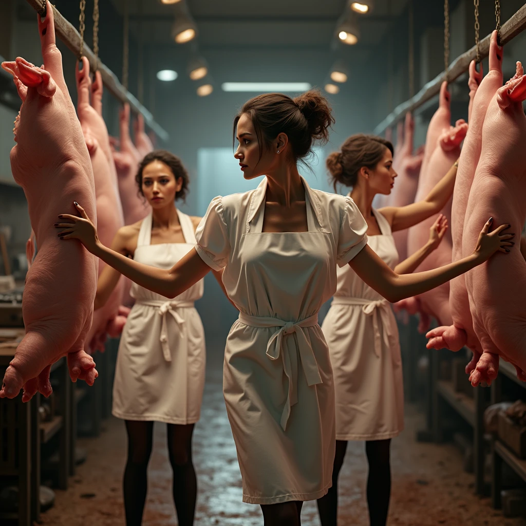 Sexy butcher women with white butcher apron hanging pigs - SeaArt AI