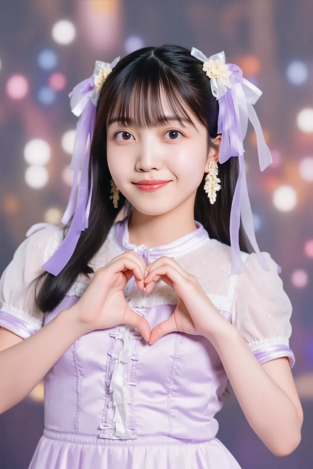 "A cheerful young female idol with big, sparkling eyes and a bright ...