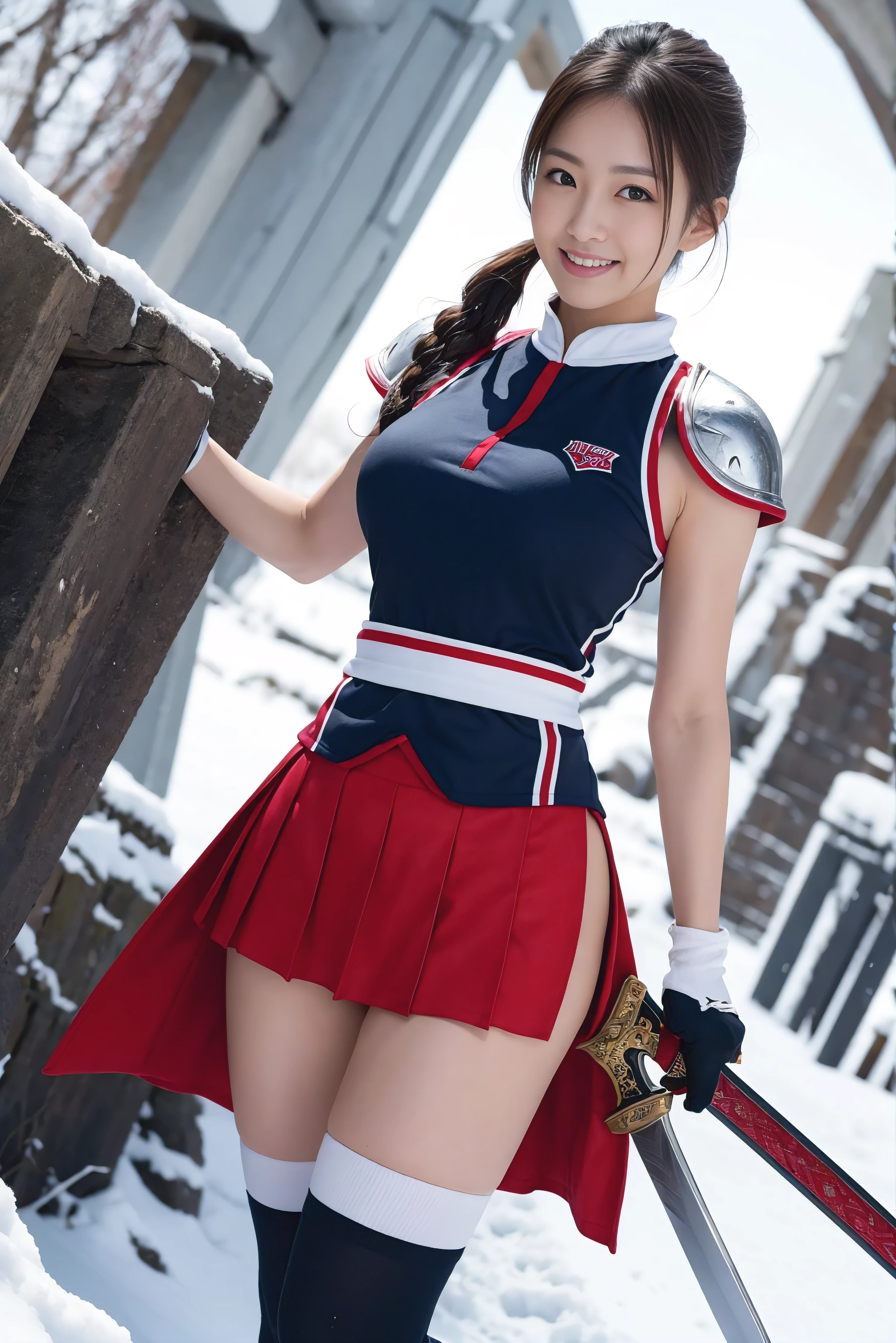 Arafed woman in a uniform holding a sword and posing for a picture ...