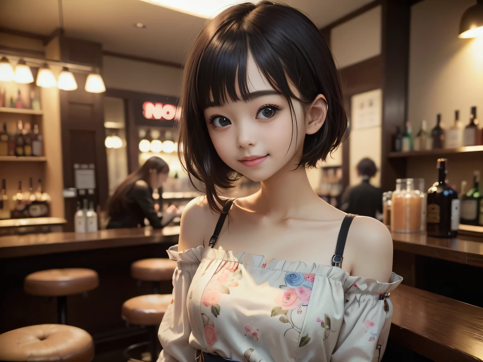 There is a woman that is standing in a bar with a drink - SeaArt AI