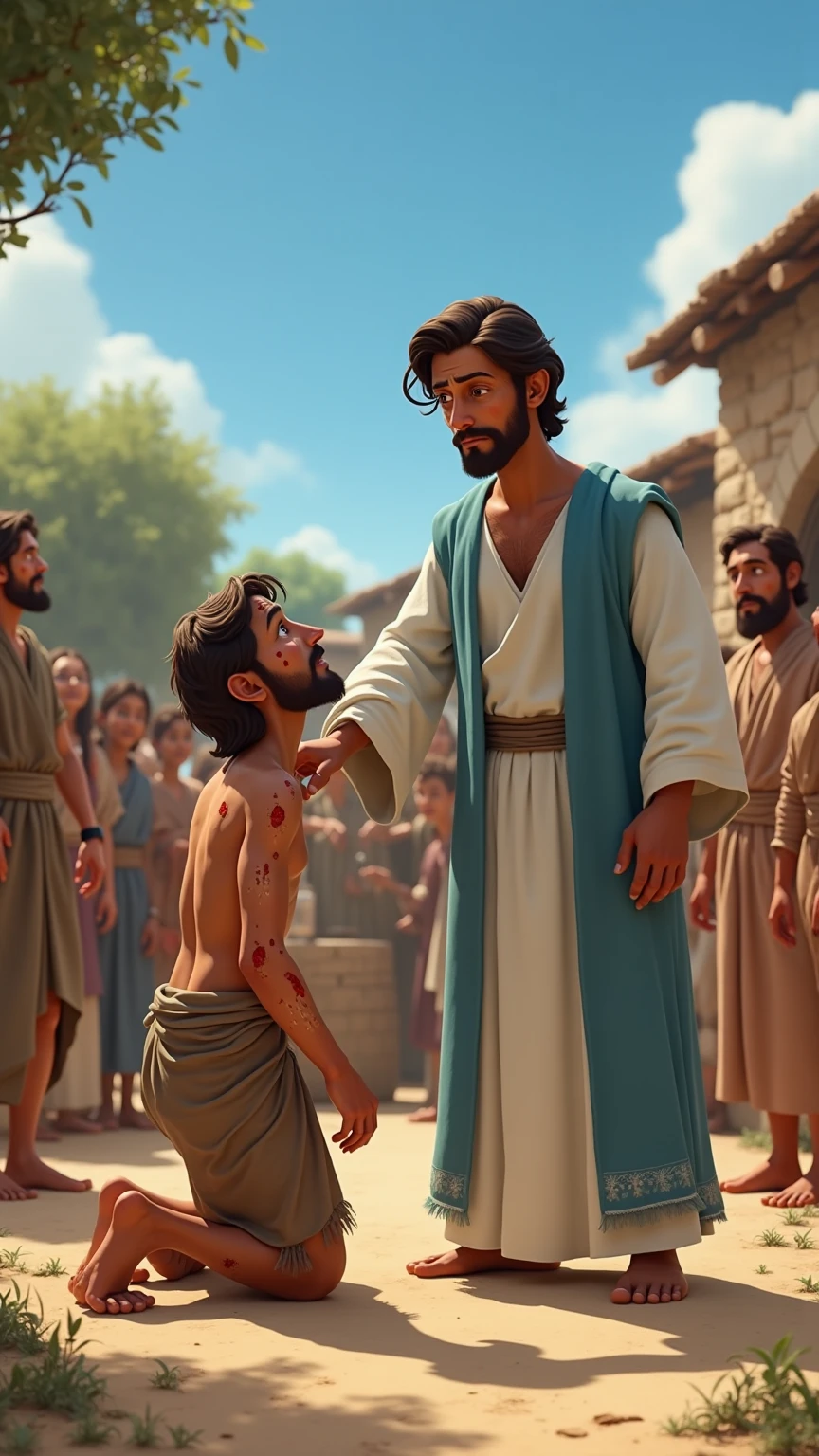 Cena da cura do leproso por jesus em estilo de animação Pixar - SeaArt AI