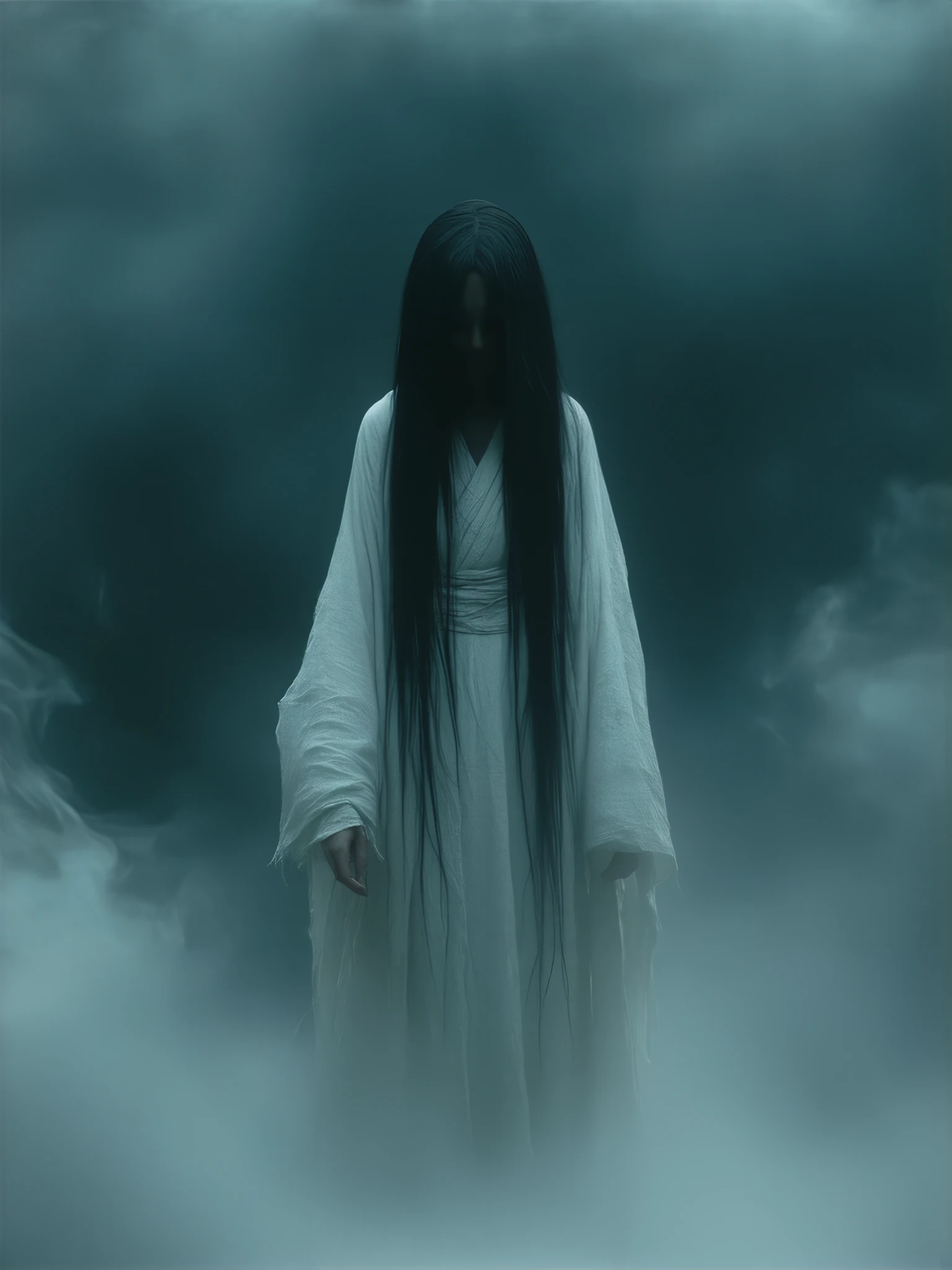 Arafed woman with long black hair standing in a foggy area - SeaArt AI