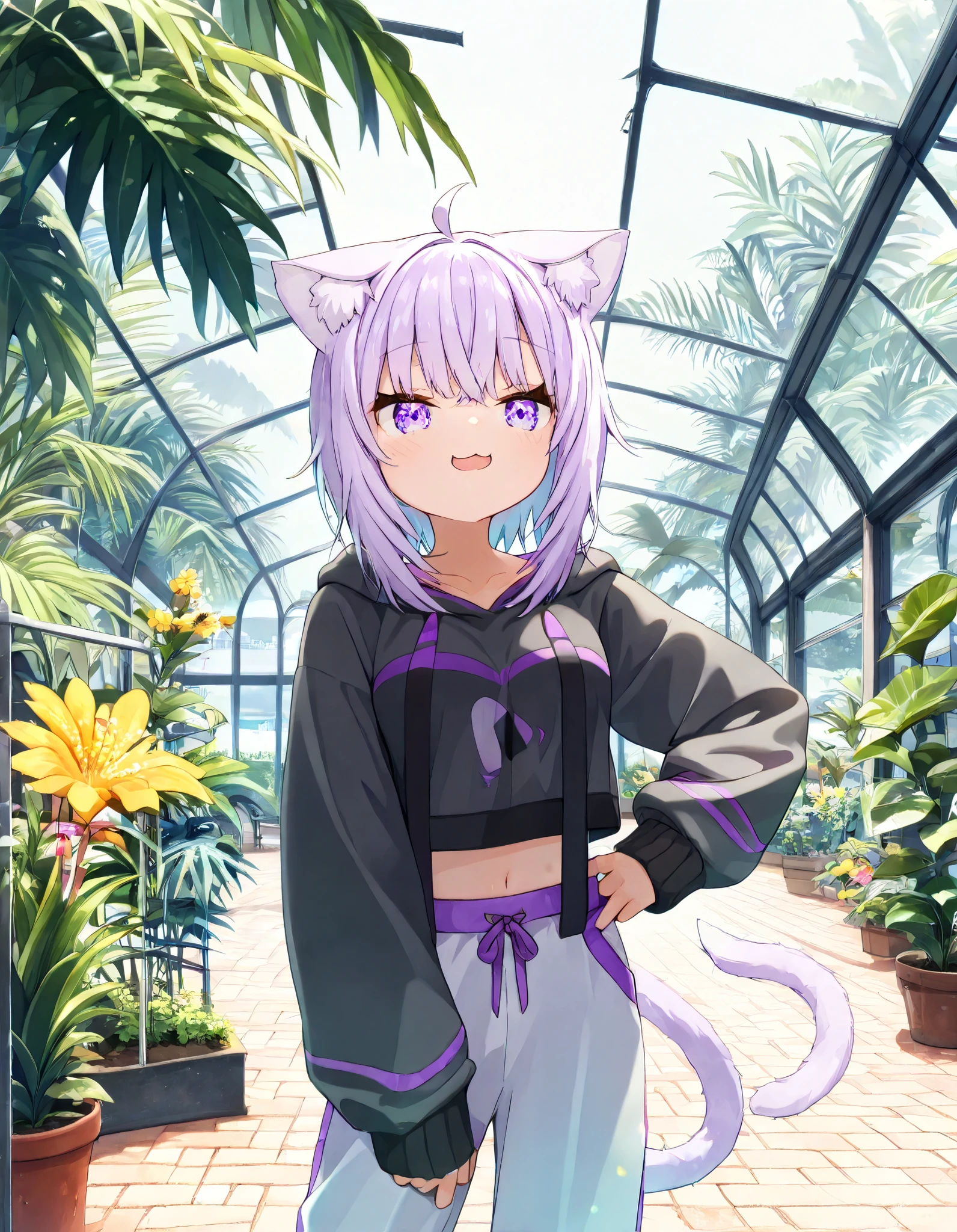 Anime character with purple hair and blue eyes standing in a greenhouse ...