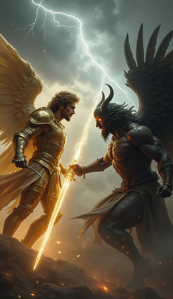 Depict Archangel Michael in golden armor wielding a celestial sword of ...