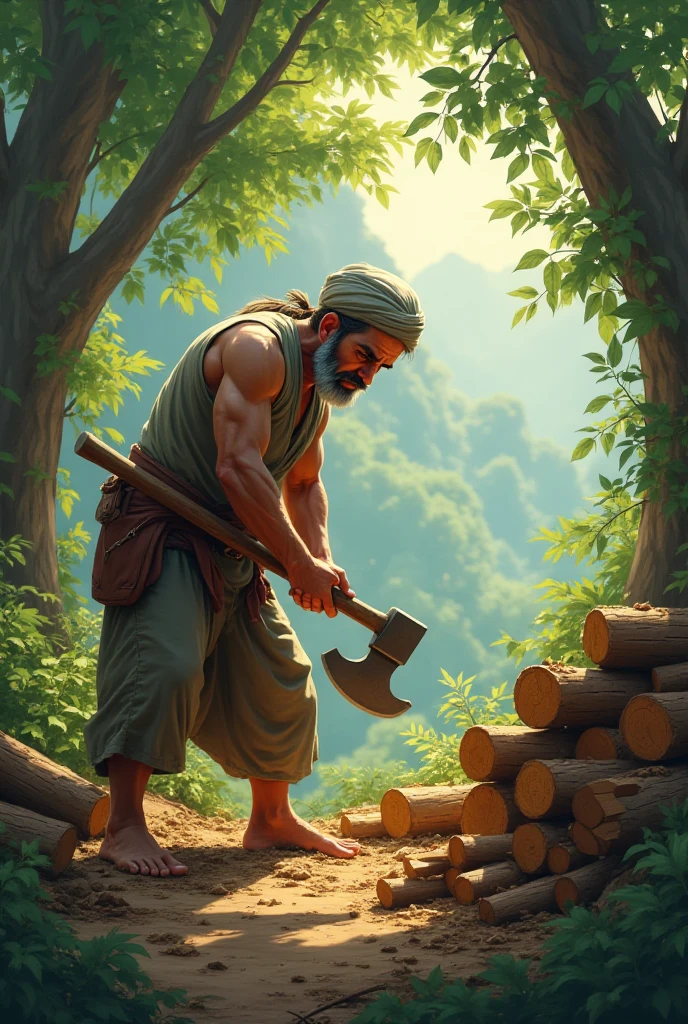 The scene of a small village where a poor but honest woodcutter Ali is ...