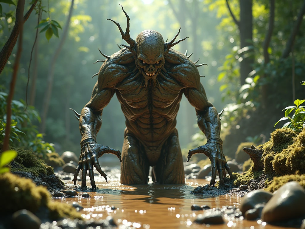 A terrifying mud creature with humanoid features, rising from a massive ...