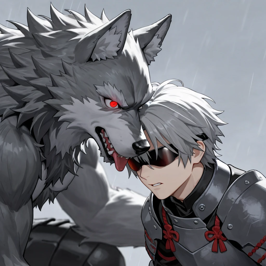 Semi-human male werewolf long gray hair, with fear , red eyes - SeaArt AI