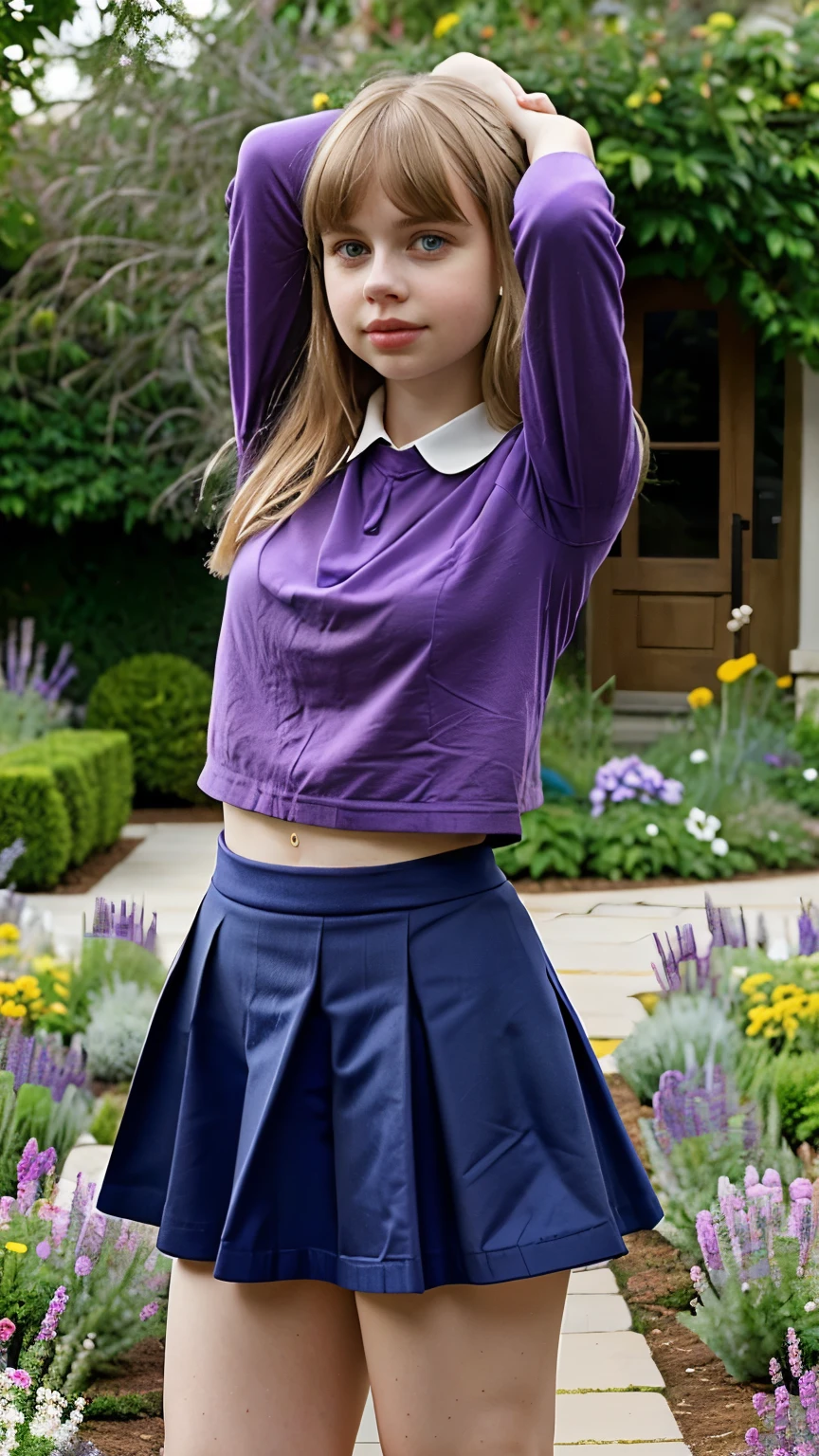 Arafed woman in a purple shirt and blue skirt posing for a picture - SeaArt AI