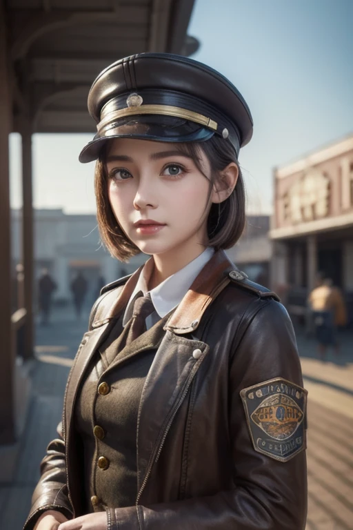 1 girl, Pilot Cap , faceup、Alone, steam punk, station - SeaArt AI