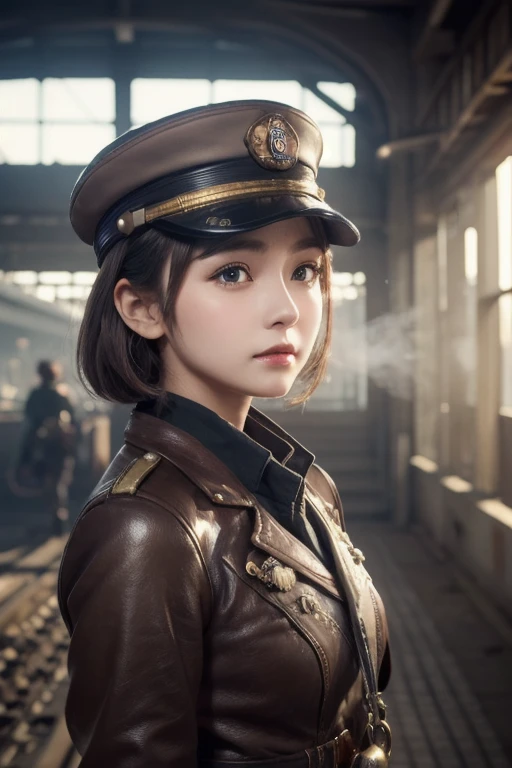 1 girl, Pilot Cap , faceup、Alone, steam punk, station - SeaArt AI