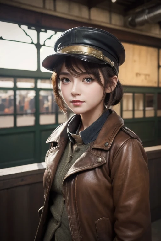 1 girl, Pilot Cap , faceup、Alone, steam punk, station - SeaArt AI