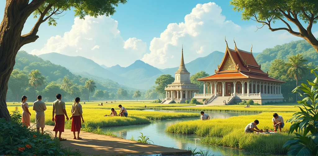 A peaceful and prosperous scene of daily life in the Sukhothai period ...