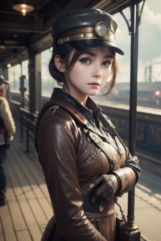 1 girl, Pilot Cap , faceup、Alone, steam punk, station, , steam - SeaArt AI