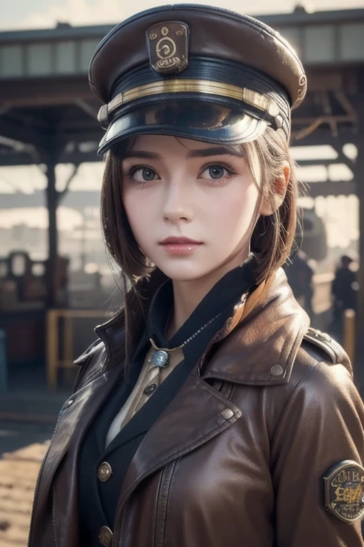 1 girl, Pilot Cap , faceup、Alone, steam punk, station, , steam - SeaArt AI