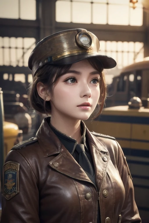 1 girl, Pilot Cap , faceup、Alone, steam punk, station, , steam - SeaArt AI