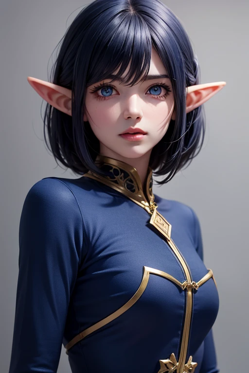 A female elf. short dark blue hair and parted bangs. With bright blue ...