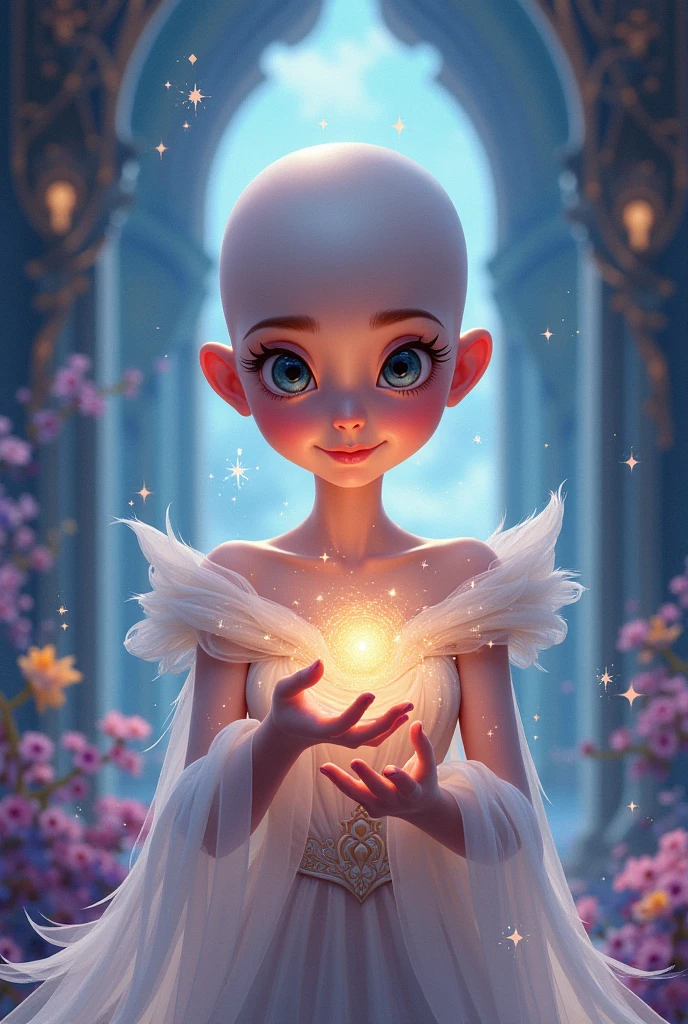 A princess, bald, no hair, with magical powers, Disney style for book ...