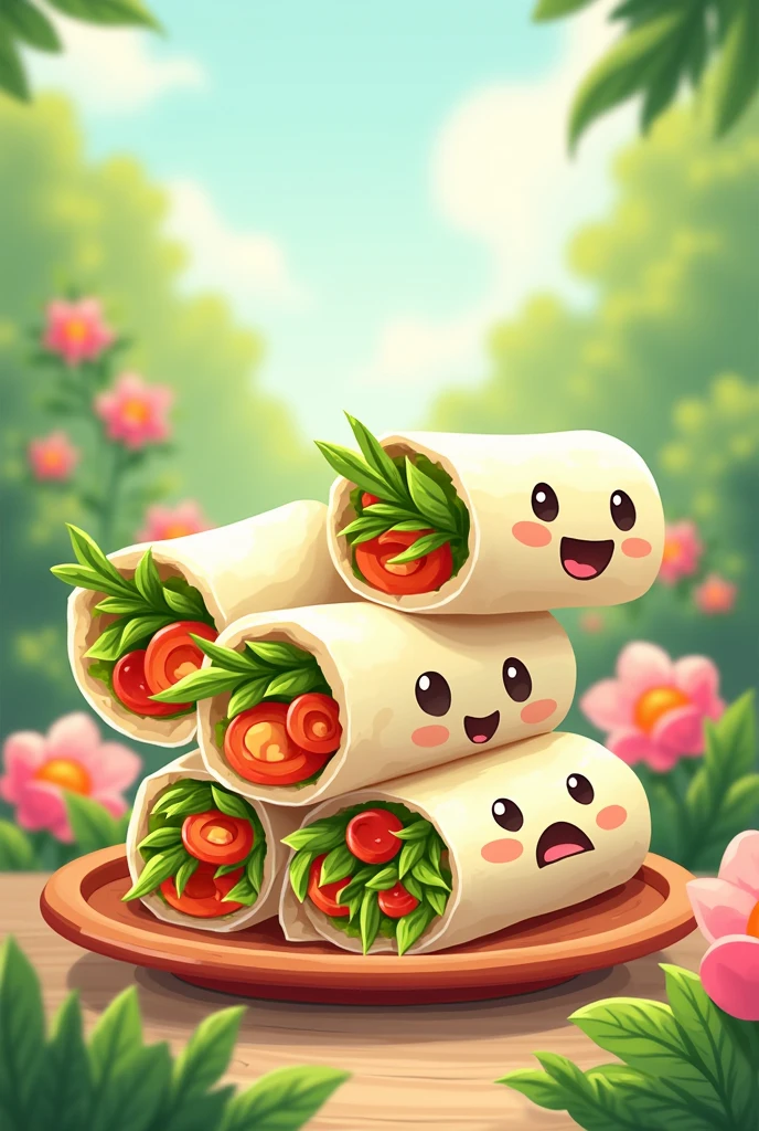 Pictures of fresh spring rolls in cartoon style , Write a text - SeaArt AI