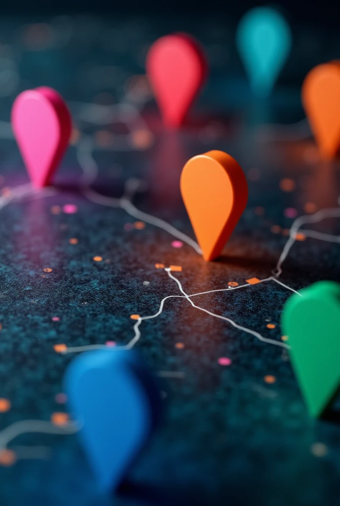 A close-up image of a digital map with colorful location markers in ...