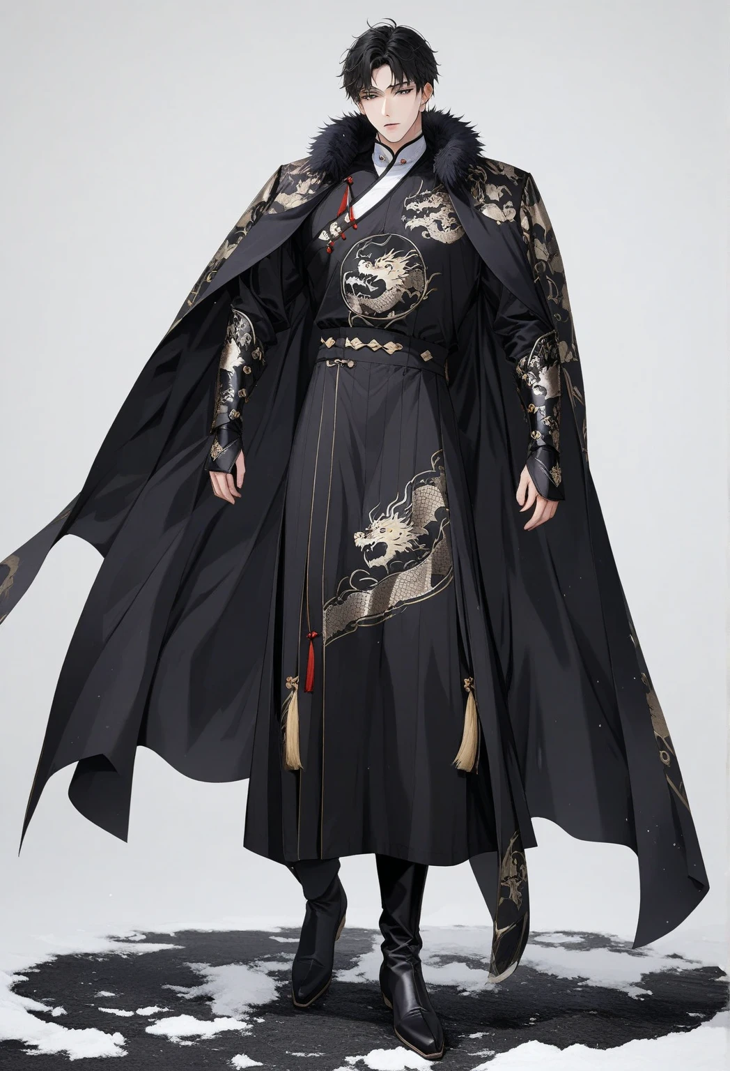 An Asian man , wearing black chinese emperors costume with dragon print ...