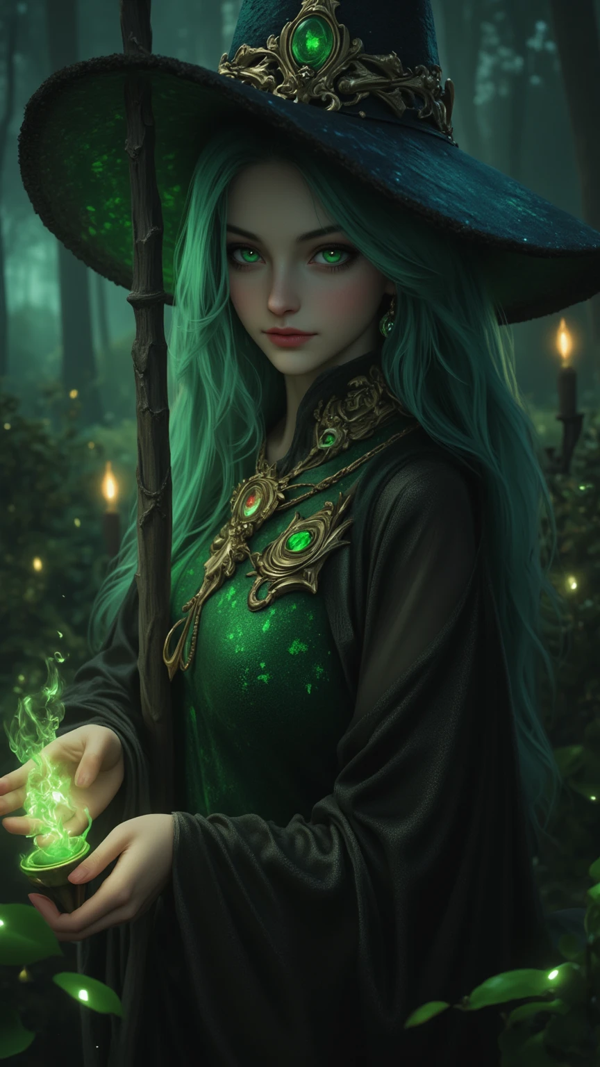 Strictly depicting a mysterious witch in a charming forest house ...