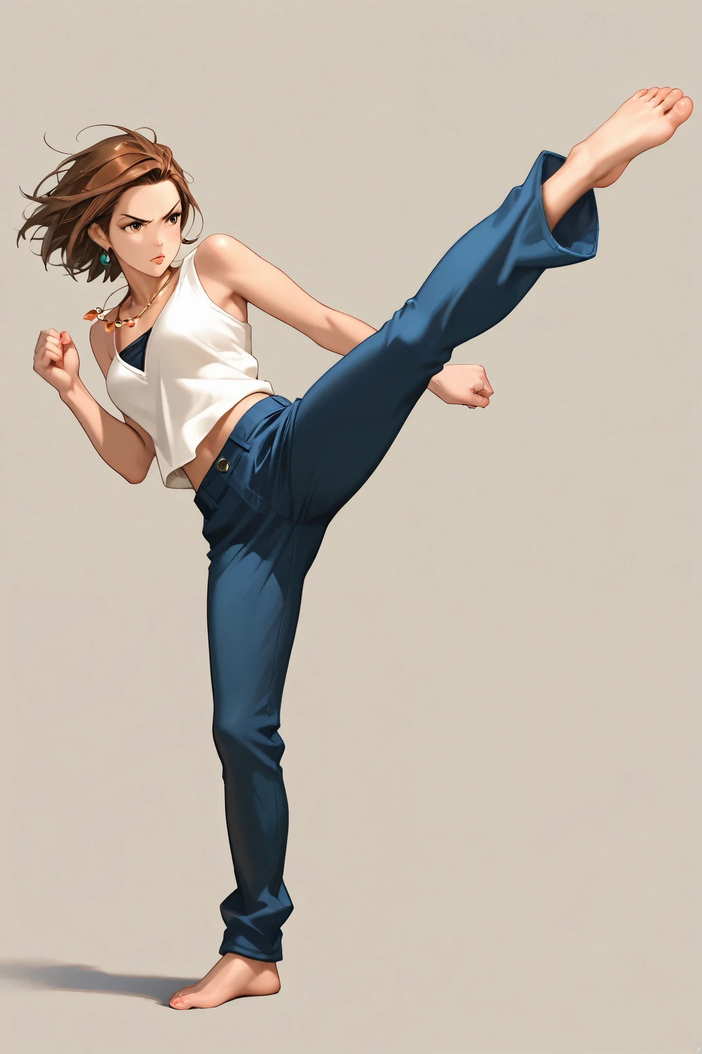 Arafed woman in blue pants and white top kicking a kick - SeaArt AI