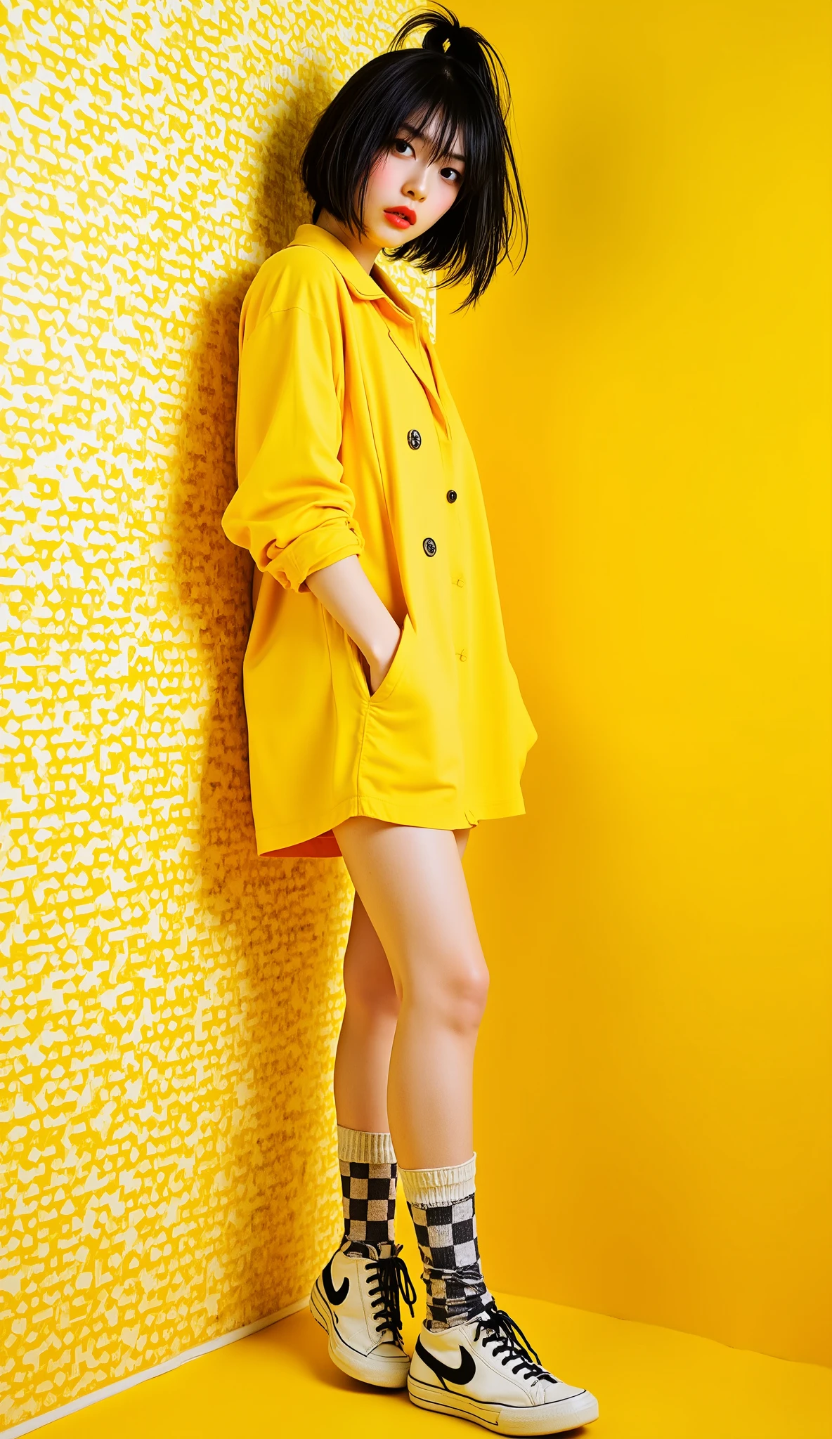 Arafed woman in yellow coat and black and white checkered socks standing against a yellow wall ...