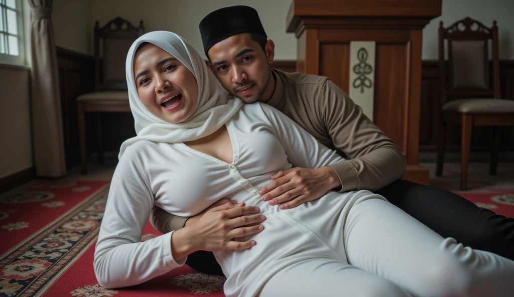 A young Indonesian woman wearing a white hijab, wearing a loose white gamis that - SeaArt AI