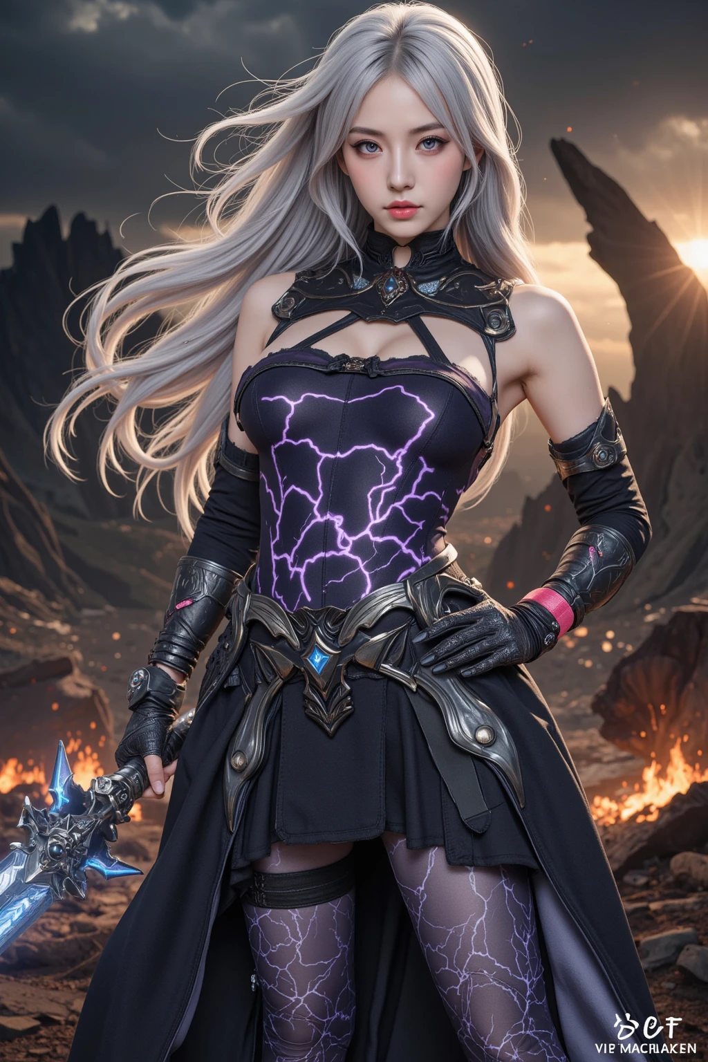 Create an awe-inspiring female warrior, seamlessly blending elements of ...