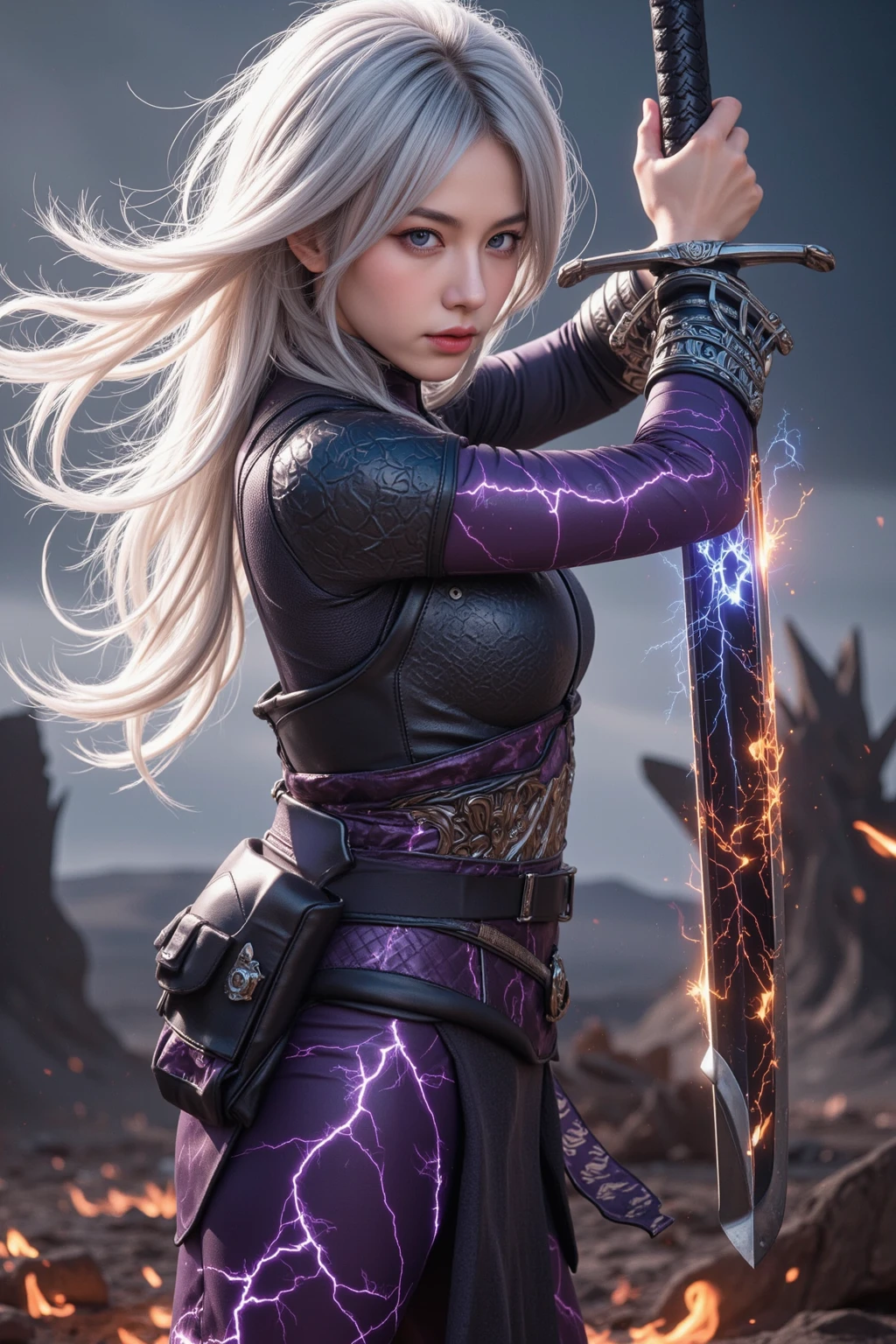 Create an awe-inspiring female warrior, seamlessly blending elements of ...
