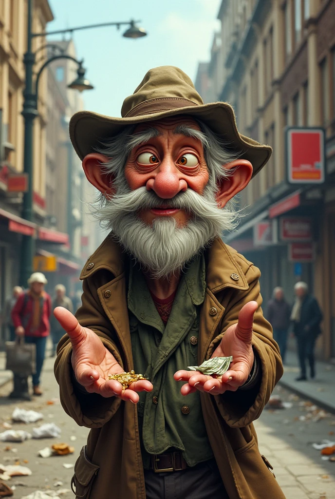 Draw a silly old man who is begging - SeaArt AI