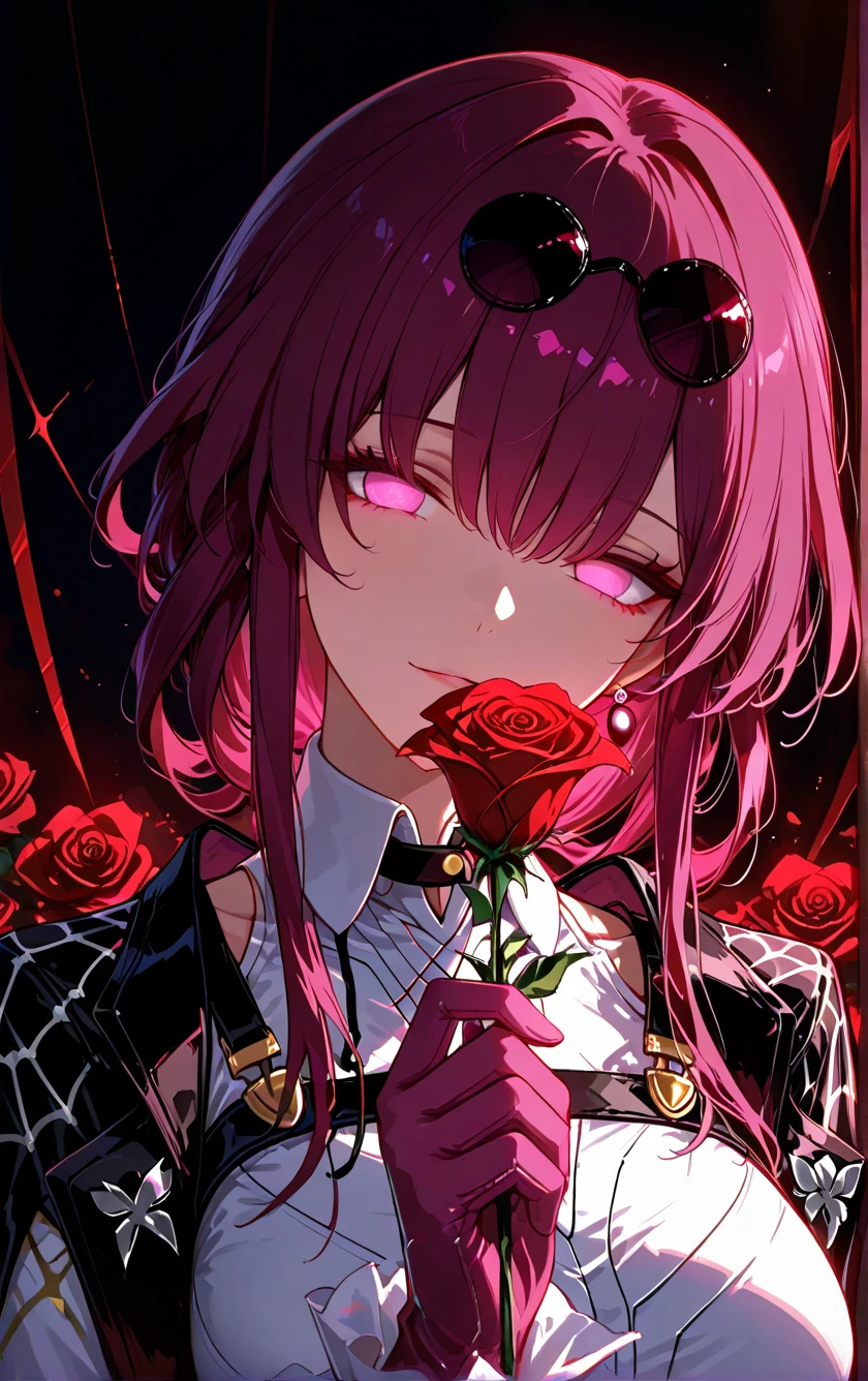 1girl, kafka_honkai star rail, holding red roses, malancholic ...